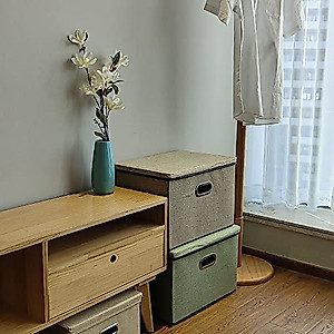 YJMZ Green Storage Bins With Lids 3 Pack,[17.3x11.8x11.8''],Linen Fabric Collapsible Storage Bins Large,Storage Containers For Organizing.Storage Box Suitable For Living Room, Bedroom, Garage, Closet，Shelf