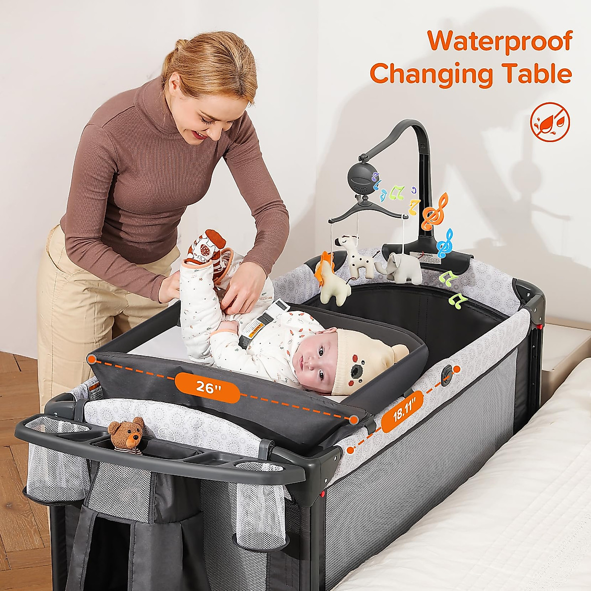 ELEMARA 4 in 1 Baby Bassinet Bedside Crib with Diaper Changer,Pack and Play with Mattress,Sheet and Blackout Cover for Baby,Playpen Travel Bed with Storage,XL Playard with 3 Adjustable Height