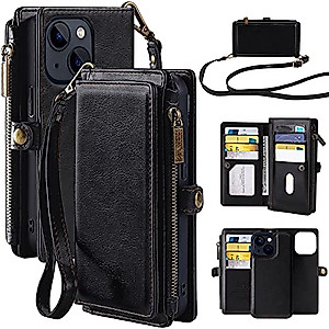 MInCYB Wallet Case Compatible with iPhone 13 Pro, Zipper Case with RFID Blocking Card Holder Slot, Magnetic Detachable Zipper Purse with Wristlet Strap, Leather Cover for iPhone 13 Pro. Black