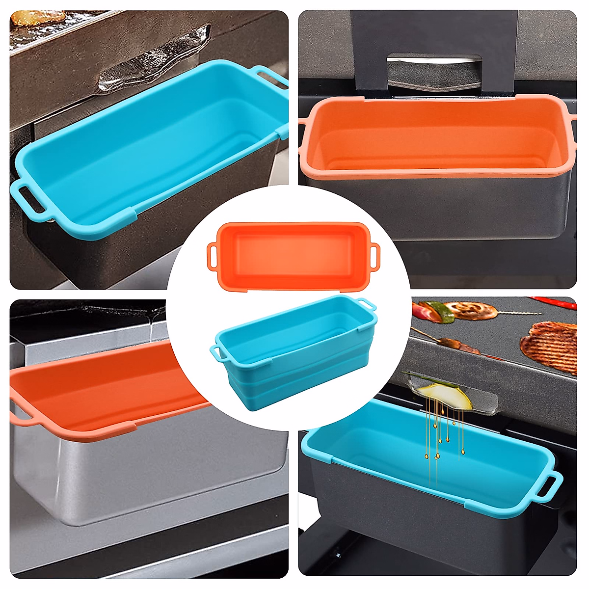 CANIPHA 2Pcs Silicone Grease Cup Liners for Blackstone 17/22/28/30/36 Inch Griddle, Foldable Catcher Tray Liner, Reusable Drip Pan for Black Stone Trays Gate, Griddle Accessories(Blue, Red)