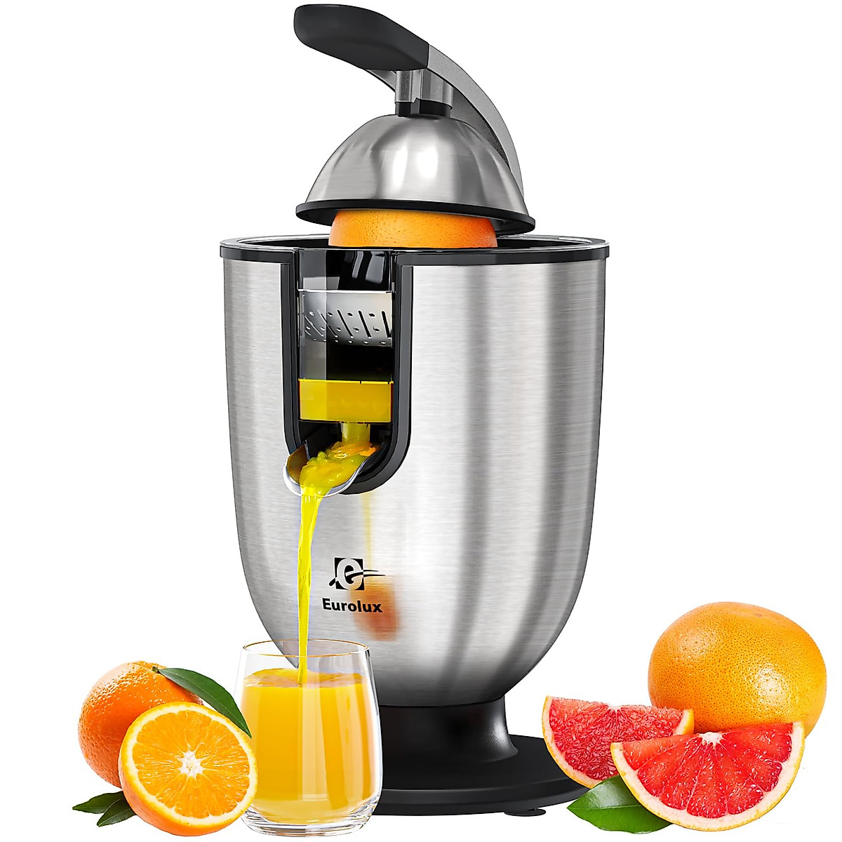 Eurolux Electric Citrus Juicer Squeezer, for Orange, Lemon, Grapefruit, Stainless Steel 160 Watts of Power Soft Grip Handle and Cone Lid for Easy Use (ELCJ-1700S)