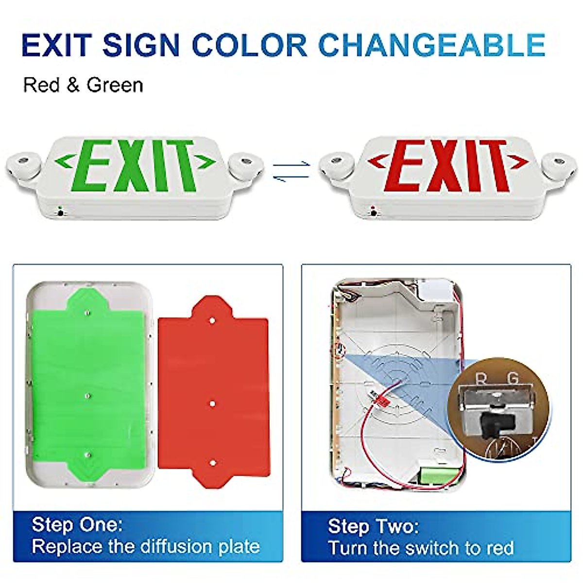 LEDIARY 2 Pack Exit Sign with Emergency Lights, Red and Green Exit Sign Color Changeable, UL Certified, Battery Backup and Two LED Adjustable Head, Exit Sign for Business