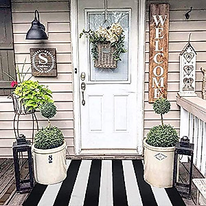 CAINANEL Black and White Striped Outdoor Rug 27.5X 43 inches Front Door Mat Hand-Woven Cotton Indoor/Outdoor for Layered Door Mats,Welcome Door Mat, Front Porch,Farmhouse,Kitchen,Entry Way