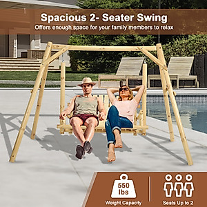 HOMEDIARY Wooden 2-Seat Porch Swing with A-Frame Stand, Outdoor Patio Swing Chair Bench w/Slatted Design, Outside Swing Bench w/550lbs High Capacity for Garden Patio Backyard Porch, Natural