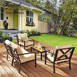 Festival Depot Patio Coffee Table Metal Table with Wood Grain Top Outdoor Furniture for Porch Garden (Rectangle)