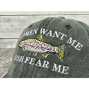 Shenbors Embroidered Women Want Me Fish Fear Me Hat for Men, Army Green Outdoors Fishing Snapback Dad Hat, Adjustable Baseball Cap