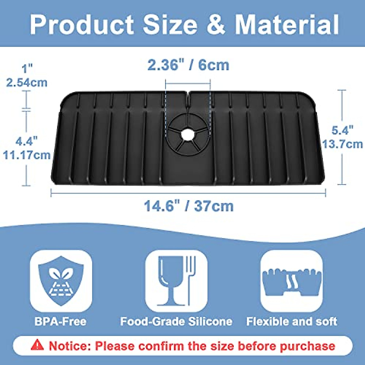 Silicone Faucet Handle Drip Catcher Tray, 2 Pack Silicone Faucet Mat for Kitchen Sink, Sink Splash Guard Behind Faucet, Faucet Drip Catcher to Keep Kitchen Clean and Dry 14.6''x5.4'' (Black)