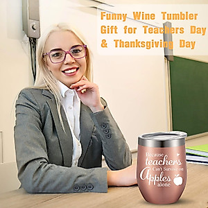 2 Pieces Teacher Can't Survive on Apples Alone, Thank You Teacher Appreciation Gift for Women Funny Birthday Christmas Thanksgiving Teacher Gifts 12 oz Wine Tumbler with Straw and Cleaning Brush