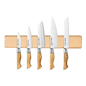 HEZHEN-Sweden Sandvik Stainless Steel Knife Set 5PCS, Forged Kitchen Knives Cooking Tools, Olivewood Handle + Maple Wood Magnetic Knife Strip Knife Bar