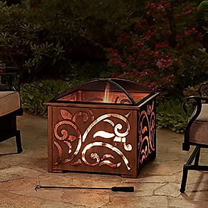 Sunjoy 26 in. Fire Pit for Outside, Patio Square Wood Burning Extra Deep Firepits with Spark Screen and Poker, Copper