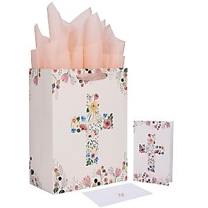 13" Large Light Yellow Gift Bag Set with Greeting Card and Tissue Papers (Floral Vine Cross) for First Communions, Baby Girl Baptisms, Christenings, Religious Occasion, Clergy Day - 10.2”x5.2”x13”, 1 Pcs.