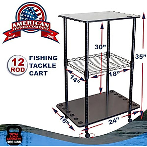 Rush Creek Creations, Fishing Rod Holder for 12-Rods, Fishing Pole Holder for Garage, for Fishing Gear, Pole, Rod, Tackle Box, Holistic Fishing Rod Storage, 12 Freshwater Rod Clips, Big Wheels, Black