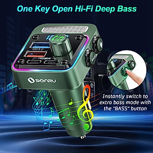 Bluetooth 5.3 FM Transmitter Car Adapter - SONRU Car Charger 54W [PD 36W & QC3.0 18W], Wireless FM Radio Transmitter [HiFi Treble & Bass Player], 5 Colors LED Backlit, Hands-Free Calling, U-Disk