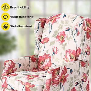Consofa Wing Back Recliner Chair, Traditional Push Back Recliner Chair with Padded Seat, Upholstered Tufted Fabric Wingback Chair with Wooden Legs, Floral Accent Chairs for Living Room