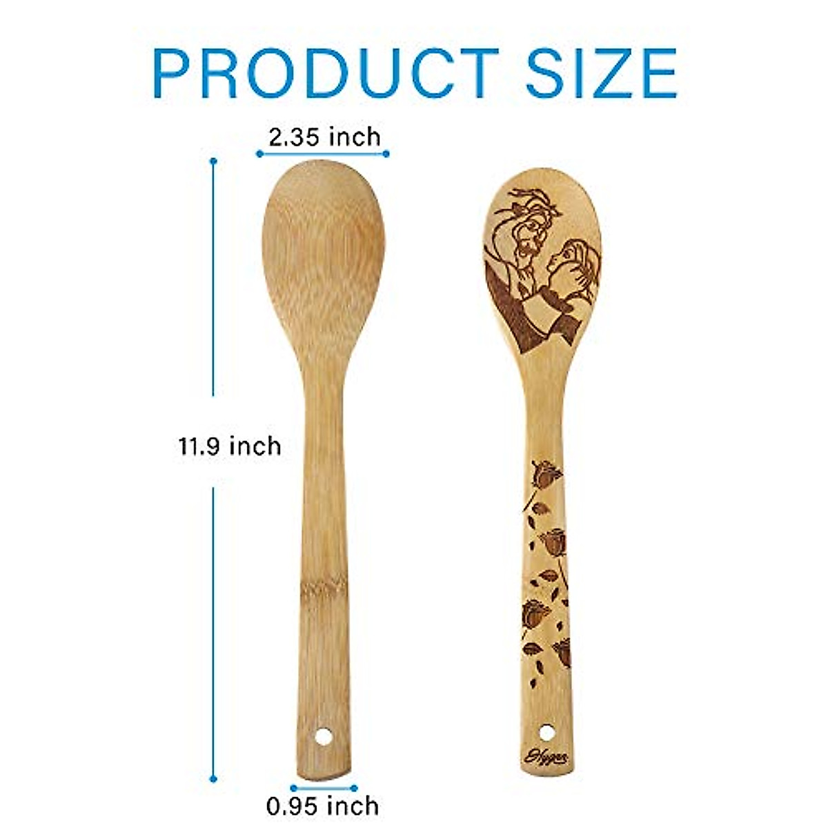 Beauty and the Beast Burned Wooden Spoons Cooking &Serving Utensils Set Bamboo Spoon Slotted Kitchen Utensil Fun Gift Idea Warming Present (Set of 5)