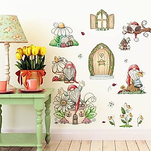 Mfault Spring Summer Garden Gnomes Daisy Flower Wall Decal Sticker, Farmhouse Mushroom Bird Nursery Decoration Kids Bedroom Living Room Art, Neutral Ladybug Butterfly Tree Branch Home Kitchen Decor