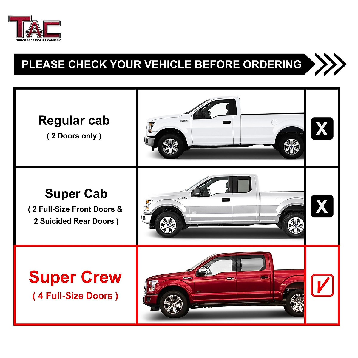 TAC Sidewinder Running Boards Fit 2015-2024 Ford F150 Supercrew Cab| 2022-2024 F150 Lightning EV Supercrew Cab|2017-2024 F250/F350/F450/F550 Super Duty Crew Cab Truck 4” Drop Fine Texture Black 2Pcs