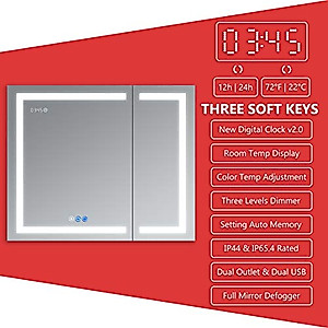 DECADOM LED Mirror Medicine Cabinet Recessed or Surface, Defogger, Dimmer, Clock, Room Temp Display, Makeup Mirror 3X, Outlets & USBs (RUBiNi 36x32)