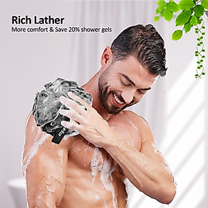 Bathflor Loofah Sponge Exfoliating Body Scrubber: 4PCS Extra Large 80g Shower Loofahs Poufs, 1PCS Long Handle Loofa Back Scrubber, 1PCS Luffa Hook, Charcoal Loofah Pack for Women Men Bath Wash, Black