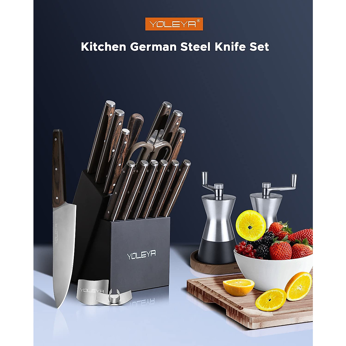 YOLEYA Kitchen Knife Set, 15PCS Chef Knife Sets for Kitchen with Block Wooden Triple Rivets German High Carbon Stainless Classic Style Full Tang