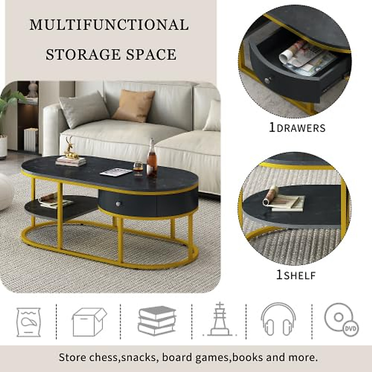 Wekity Modern Marble Golden Coffee Table, Metal Frame with Drawers & Shelves Storage for Living Room (Black)