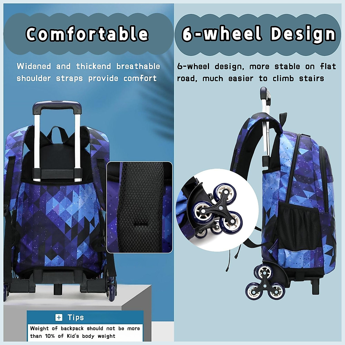 Bansusu 3Pcs Black Galaxy Primary Middle School Bag Rolling Backpack Set for Elementary Boys Wheeled Bookbag with Six Wheels