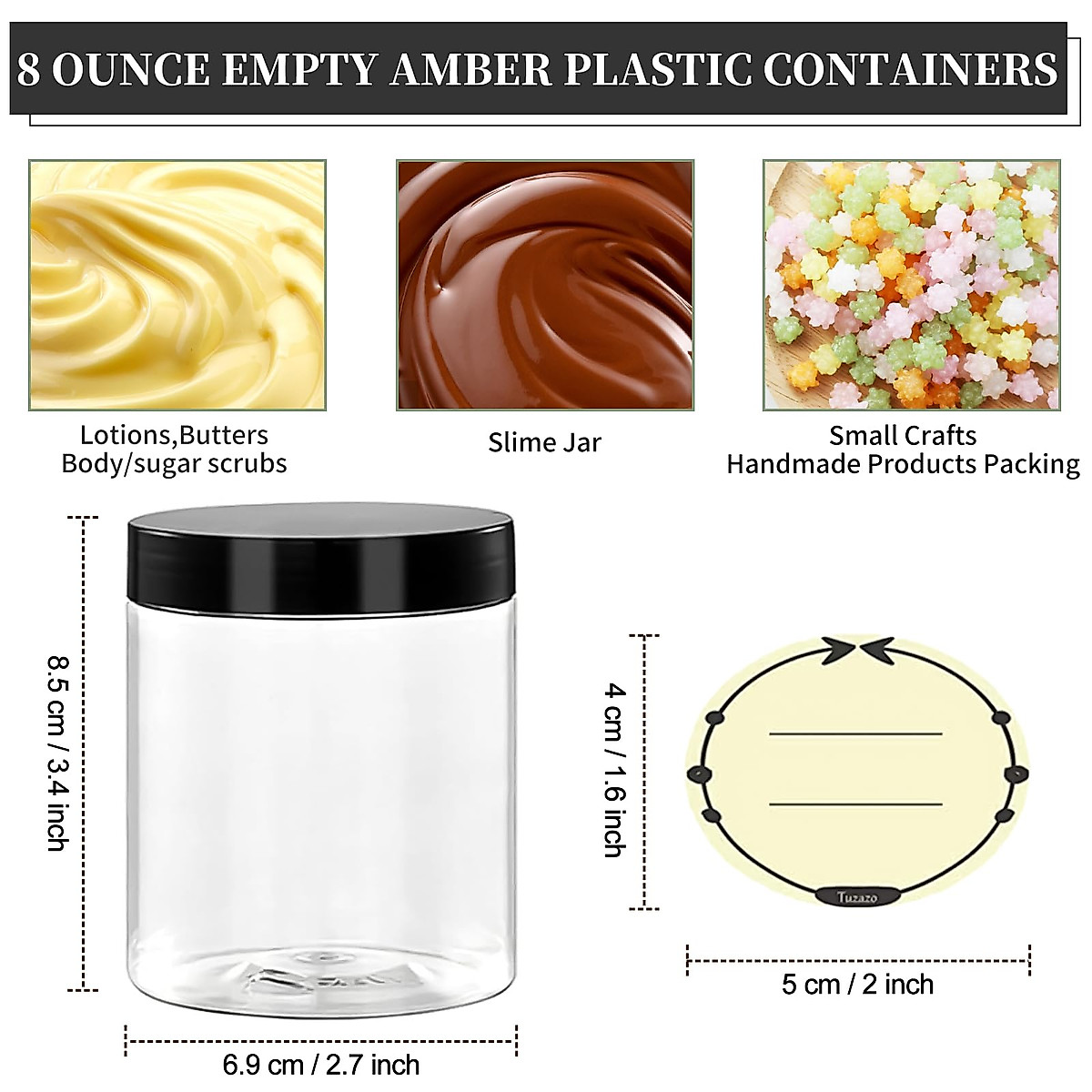 TUZAZO 8 Oz Plastic Container Jars with Lids and Labels BPA Free, Empty Round Clear Cosmetic Containers Plastic Slime Jars for Lotion, Cream, Ointments, Body Butter, Makeup, Travel Storage (12 Pack)
