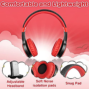 Woice Kids Blutooth Headphones with mic, Colorful LED Lights, Stereo Sound, Bluetooth5.0, Foldable On-Ear Children Wireless/Wired Headphones Fit for Kids Teens Adults (Black&Red)