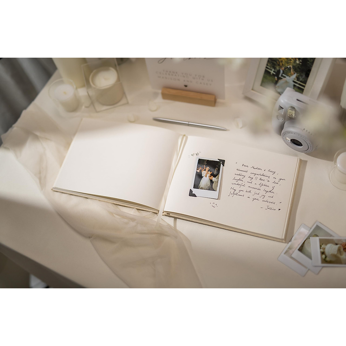 Cream Guest Book (Design 3) - 9.5 x 7 Real Linen Hardcover Guestbook for Wedding Ceremony Reception Signin, to Add Polaroid & Write Messages, Bridal Baby Shower Engagement Birthday Party, Small Size