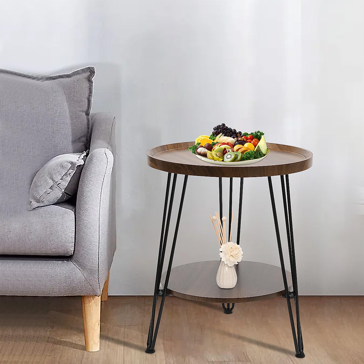 PaNeTnya 2-Tier Small End Table,Round Sofa Side Table with Storage Shelf and Metal Frame,Nightstand Bedside Table for Home Living Room Bedroom