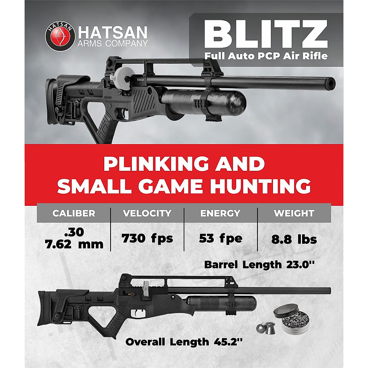 Hatsan Blitz Full Auto PCP .30 Cal 730 fps 53 FPE w/ 16-Shots 2 Magazines Air Rifle with Included Wearable4U 100x Paper Targets and 100x .30cal Pellets Bundle