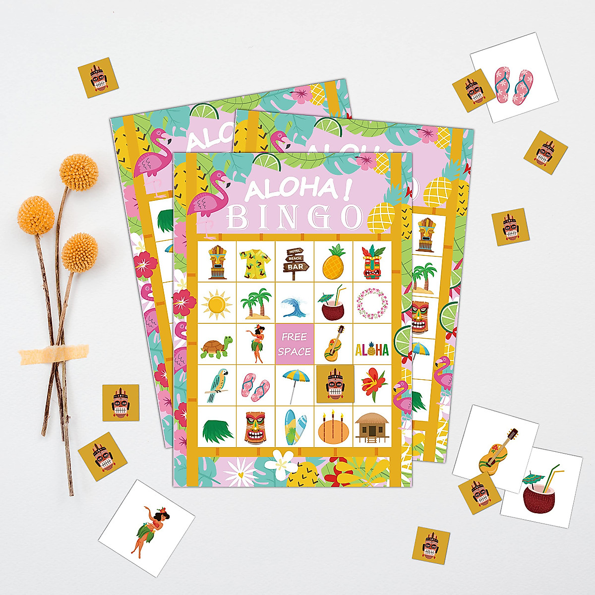 5"x7" Hawaiian Bingo Game Cards (24 Kinds), Luau Aloha Tropical Summer Party Game, Outdoor Indoor, Hiking, Trip Activities, Family Vacation Travel Bingo, Activity Games -010alohal