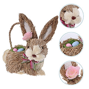 Easter Bunny Figurine Straw Woven Easter Rabbit Statue Sculpture Farmhouse Decoration for Easter Spring Decor