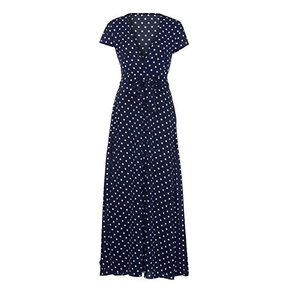 XIMIN Women's Fashion Casual Short Sleeve V-Neck Low Cut Printed Polka Dot Dress Beach Maxi Dress (Navy, Size:XXXXL)