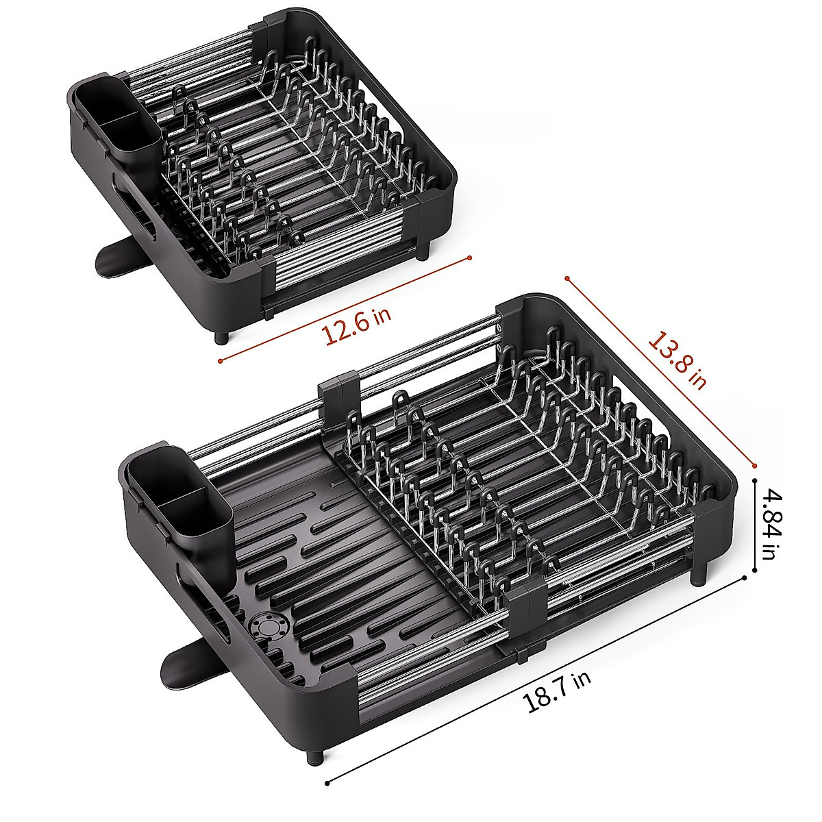 TOOLF Extendable Dish Rack, Dual Part Dish Drainers with Non-Scratch and Movable Cutlery Drainer and Drainage Spout, Adjustable Dish Drying Rack for Kitchen, 1 Piece Black