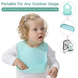 Maveek 2 Pack Silicone Baby Bib, Waterproof Babies Feeding Bib Adjustable Rubber Baby Bibs with Food Catcher Pocket for Toddlers, Easily Wipe Clean, Green & Pink