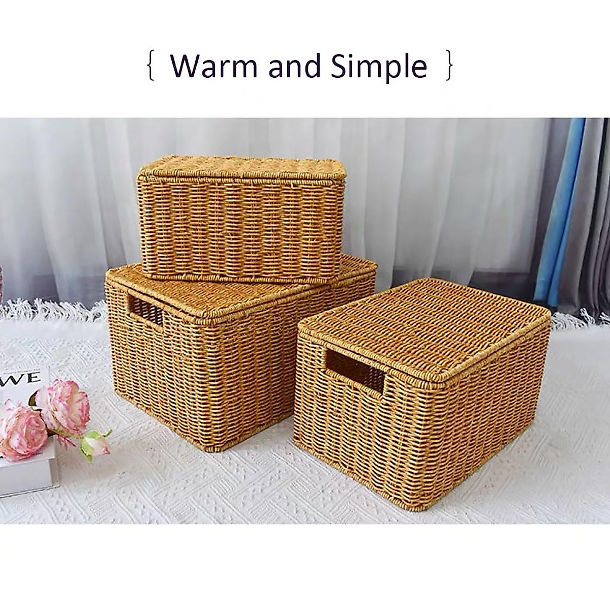 RT&BS Set of 3 Wicker Storage Basket with Lid, Handwoven Storage Basket Box - Organizer for Toys Books Fruits Stationery
