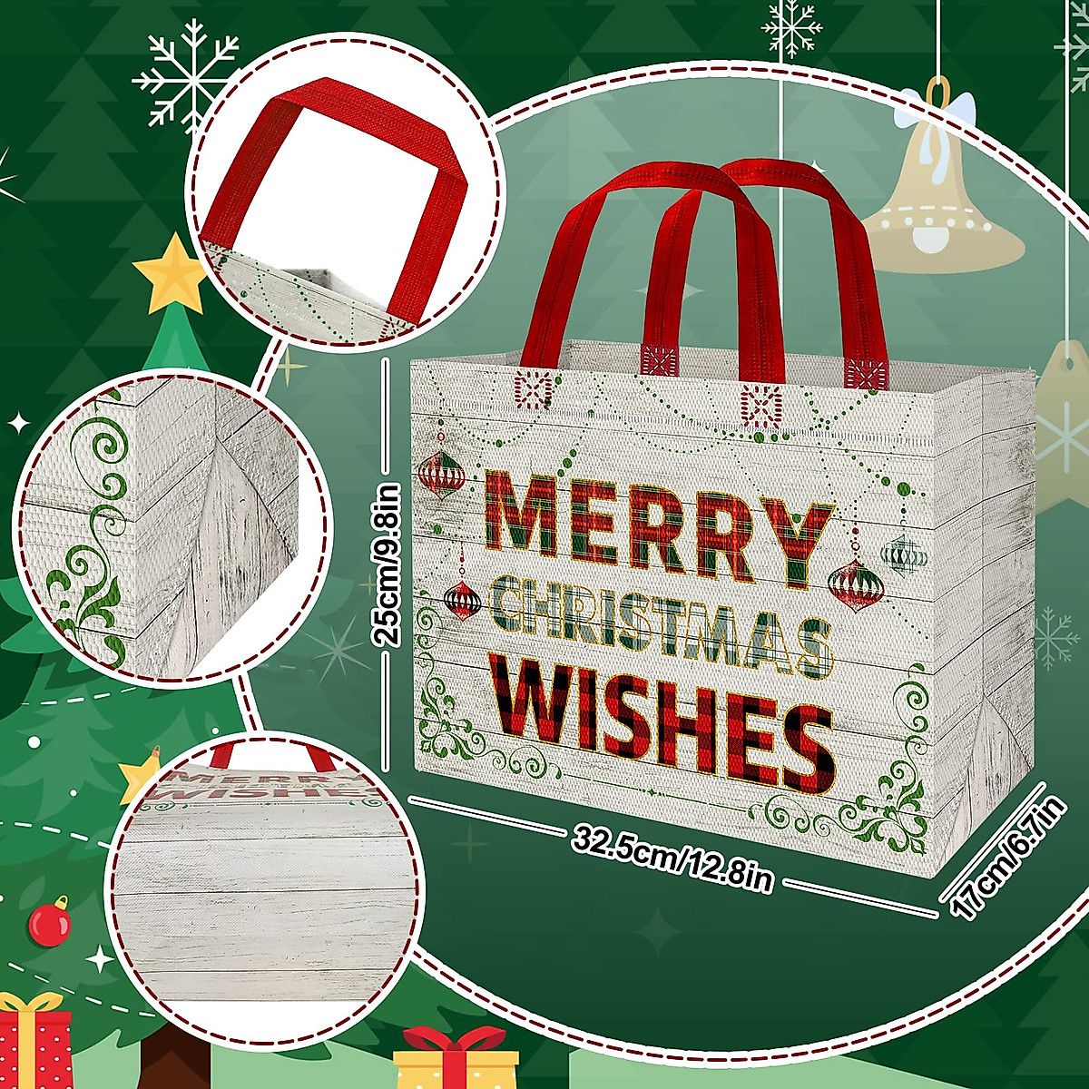 Whaline 16 Pack Christmas Non-Woven Bags Rustic Wood Grain Truck Tree Pattern Reusable Tote Gift Bag Merry Christmas Shopping Totes with Handles for Xmas Holiday Party Favor Supplies, 4 Designs