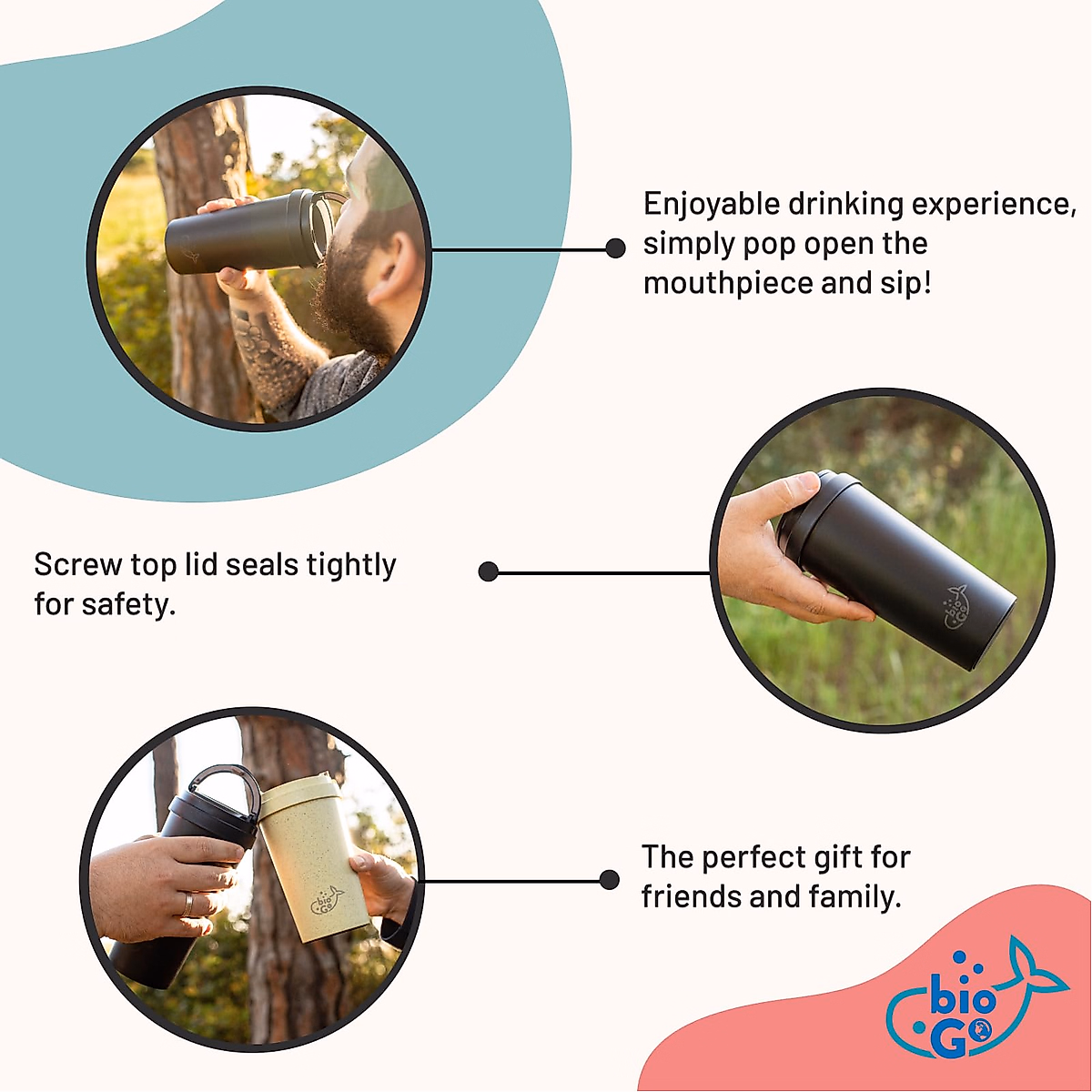 bioGo Cup, Rice Husk Fibre, BPA-Free, Double Wall Insulation Reusable Coffee Cups, On-The-Go Travel Mug, Screw Tight Lid, Textured Grip, Ultra Lightweight (Midnight Black, 16oz)