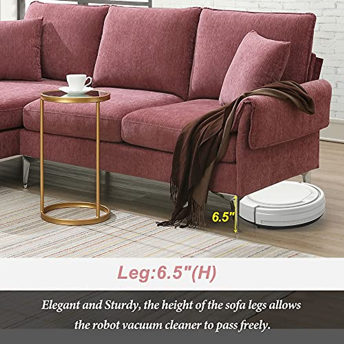 Polibi 84" L-Shaped Convertible Sectional Sofa, Modern Chenille 3-Seat Sofa Couch with Reversible Chaise Lounge, 2 Pillows and Metal Legs for Living Room, Pink