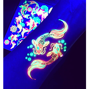 Temporary Tattoos – 3 Sheets Tattoo Design Body Art Blacklight Reactive Light Festival Accessories Glow in the Dark Party Supplies | 7.2” x 5.2” Temp Tattoos Great for EDM EDC Party Rave Parties