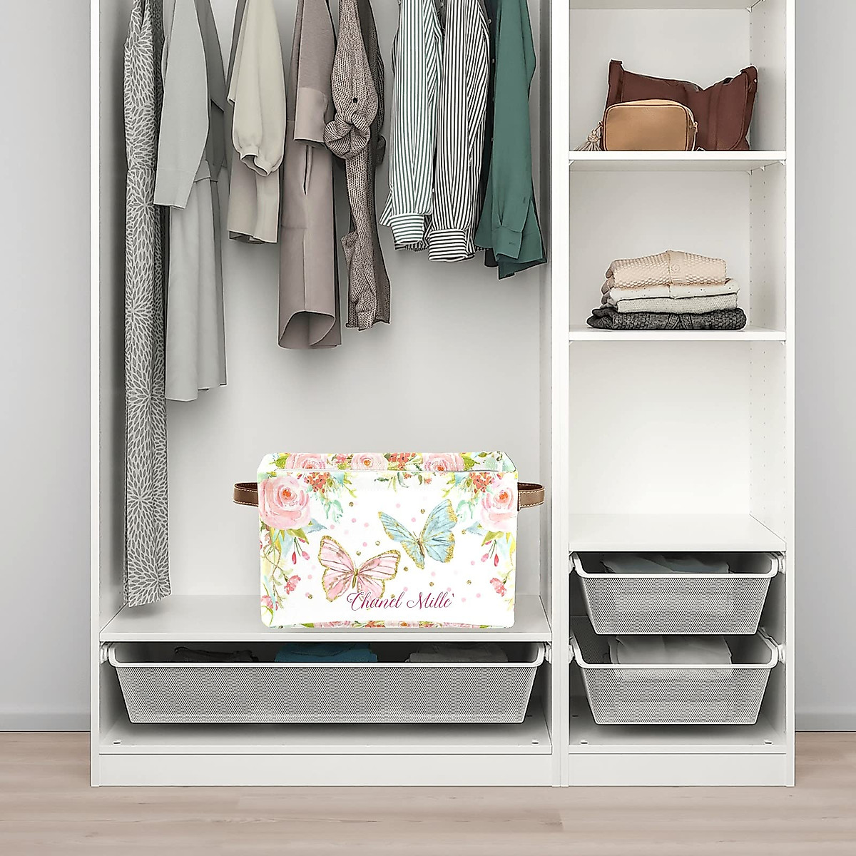 Floral Butterfly Pink Personalized Storage Bins Custom Baskets Cubes Organizer With Handle for Home Nursery Supplies Clothes Toy 1 Pack