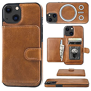 Bocasal Wallet Case for iPhone 13 Compatible with MagSafe Magnetic RFID Blocking Detachable Premium PU Leather Flip Case with Card Slots Holder Kickstand Wireless Charging 6.1 Inch (Brown)