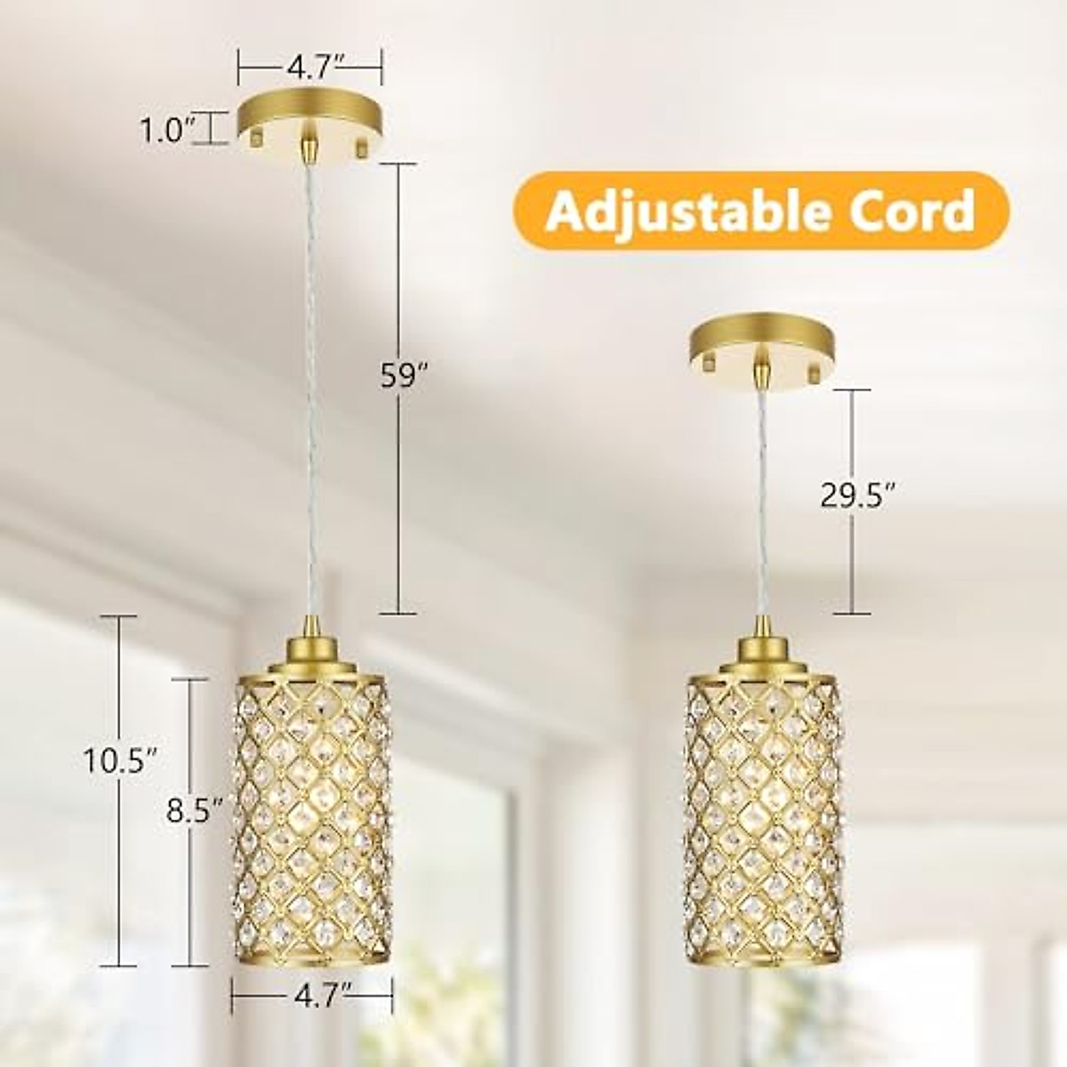 Niloah Gold Pendant Lights Kitchen Island, 1-Light Mini Single Gold Pendant Light, Adjustable Crystal Pendant Light, Kitchen Island Pendant Lighting