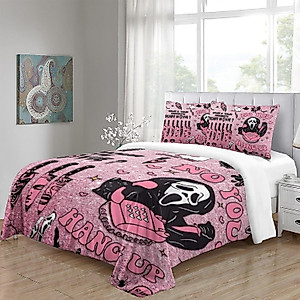 QIANAIWO Halloween Bedding Set 3PCS Pink Cartoon Skeleton Comforter Cover 'No You Hang Up' Funny Horror Ghost Design, Halloween Decor Horror Theme Bedding Set (A,Full)