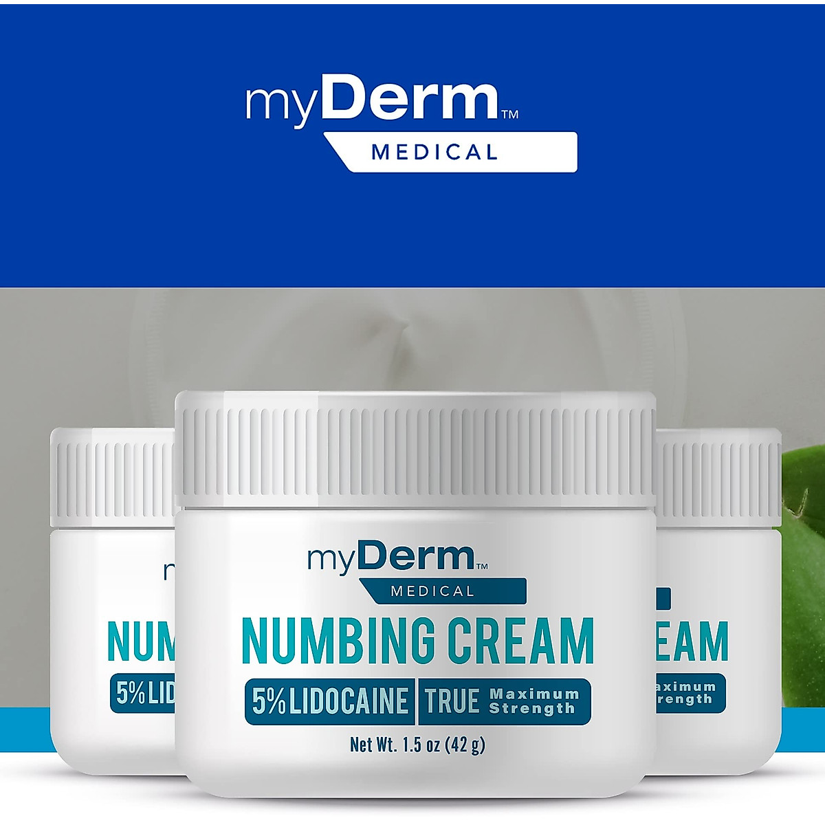 Myderm Medical 5% Lidocaine Numbing Cream, 3 Jars (1.5oz Each) 5% Topical Cream with Vitamin E for Relief from Swelling, Itching, Burning - Made in The USA