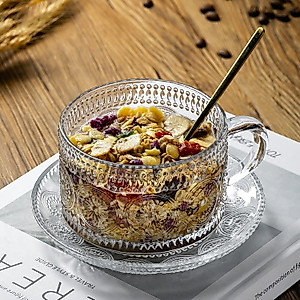 Gezzeny Vintage Coffee Mugs with Saucers 14 Oz Set of 2 Embossed Glass Cups, Tea Cups, Glass Coffee Cups for Cappuccino, Latte,Cereal, Beverage Birthday Valentine's Day Gifts