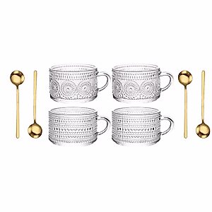 Vintage Glass Coffee Mugs 14 Oz Set of 4 Embossed Glass Cups for Tea, Coffee Mugs for Cappuccino, Latte, Cereal, Yogurt, Hot/Cold Holiday gift and Housewarming, Great Gift