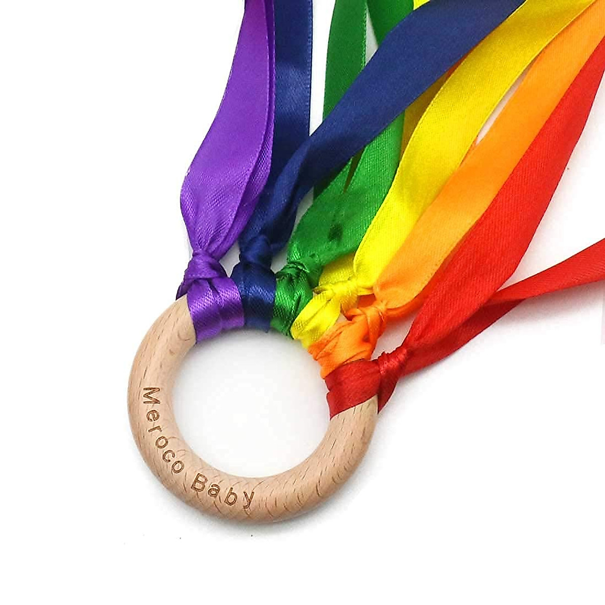 MEROCO Rainbow Dancing Ribbon Streamers with Wood Ring Educational Toy for Playroom Dancing Party Toddler Birthday
