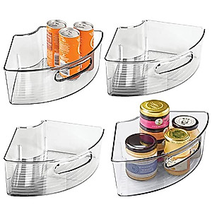 mDesign Plastic Lazy Susan Cabinet Storage Bin with Front Handle for Kitchen Countertop, Pantry, Shelf, Fridge Organization - Hold Food, Drinks, Snacks, Fruit, Vegetables - 4 Pack - Smoke Gray